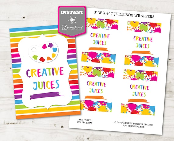 INSTANT DOWNLOAD Art Party Printable 5x7 Creative Juices Sign and 3"x4" Juice Box Wrappers/ Art ...