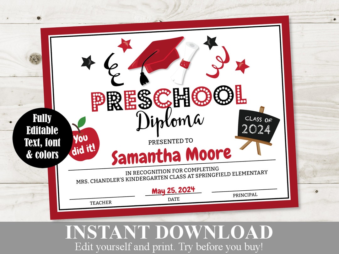 INSTANT DOWNLOAD Printable Preschool Graduation Red Black Diploma ...