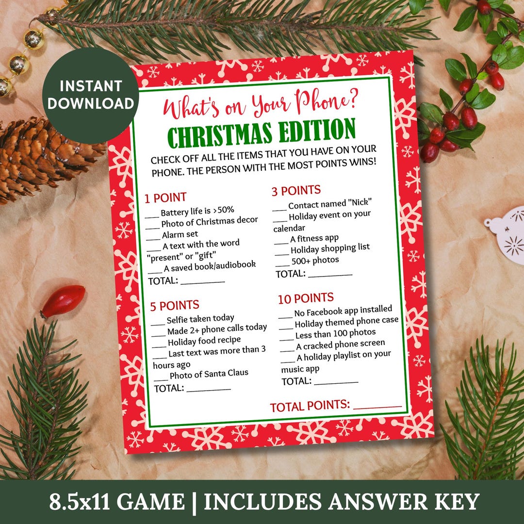Printable 8.5"x11" What's on Your Phone Holiday Edition Game, Christmas ...
