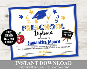 INSTANT DOWNLOAD Printable Kindergarten Graduation Blue Yellow Diploma ...