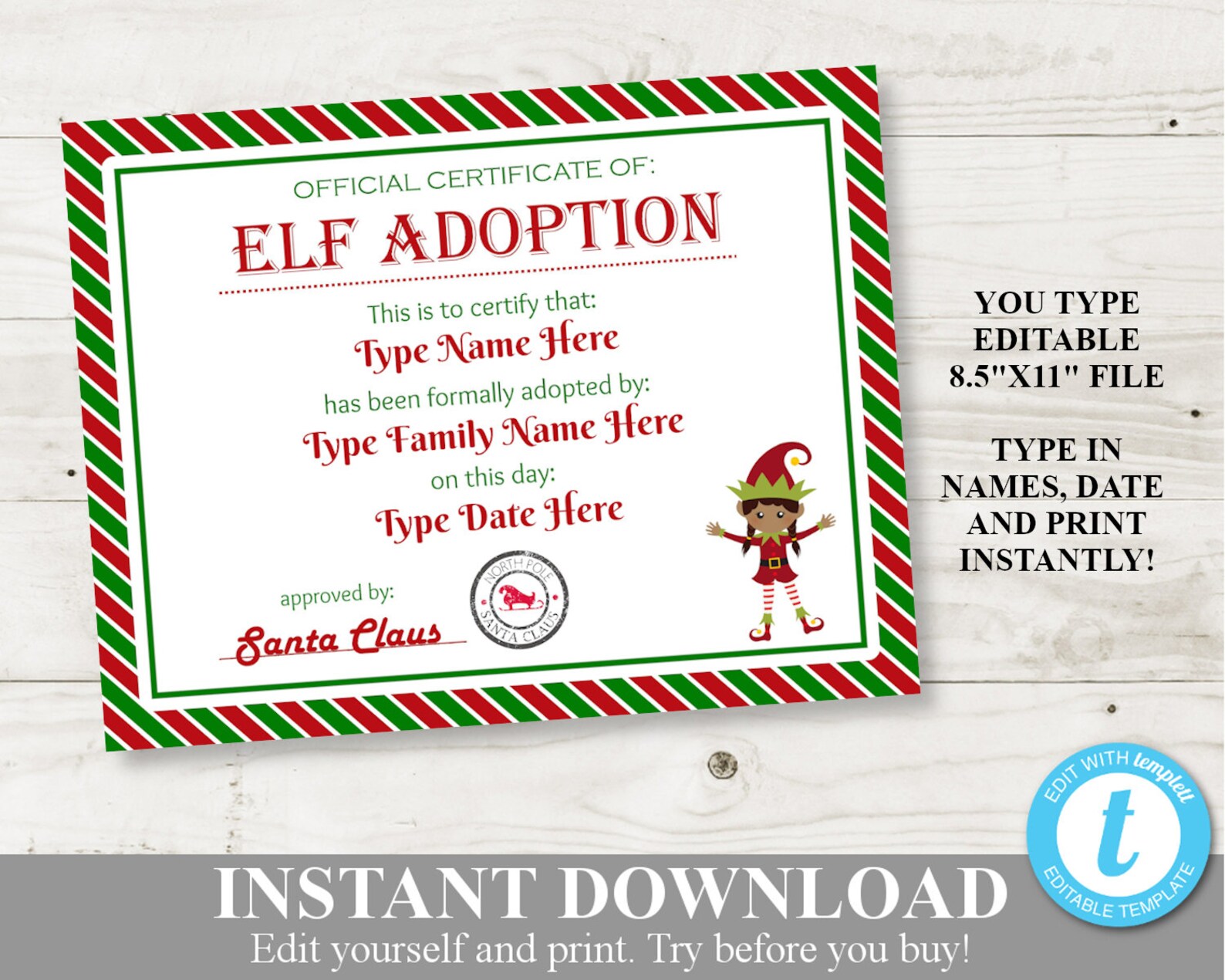 INSTANT DOWNLOAD Editable Boy Elf Adoption Certificate/ Add | Etsy