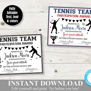 INSTANT DOWNLOAD Printable Boy's Men's Tennis Team 8.5x11 Certificate ...