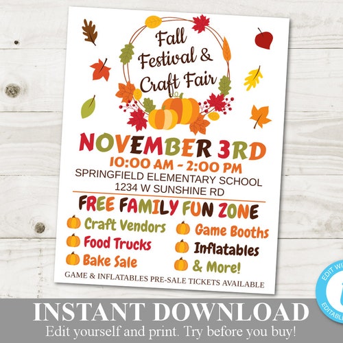 INSTANT DOWNLOAD Printable PTO School Fall Festival Craft Fair - Etsy