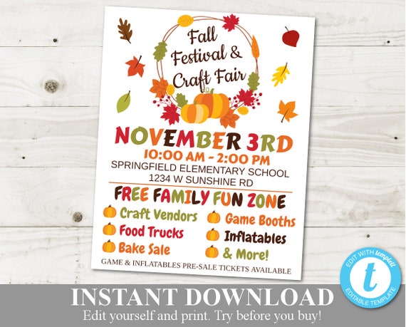 INSTANT DOWNLOAD Printable PTO School Fall Festival Craft Fair 8x10 ...