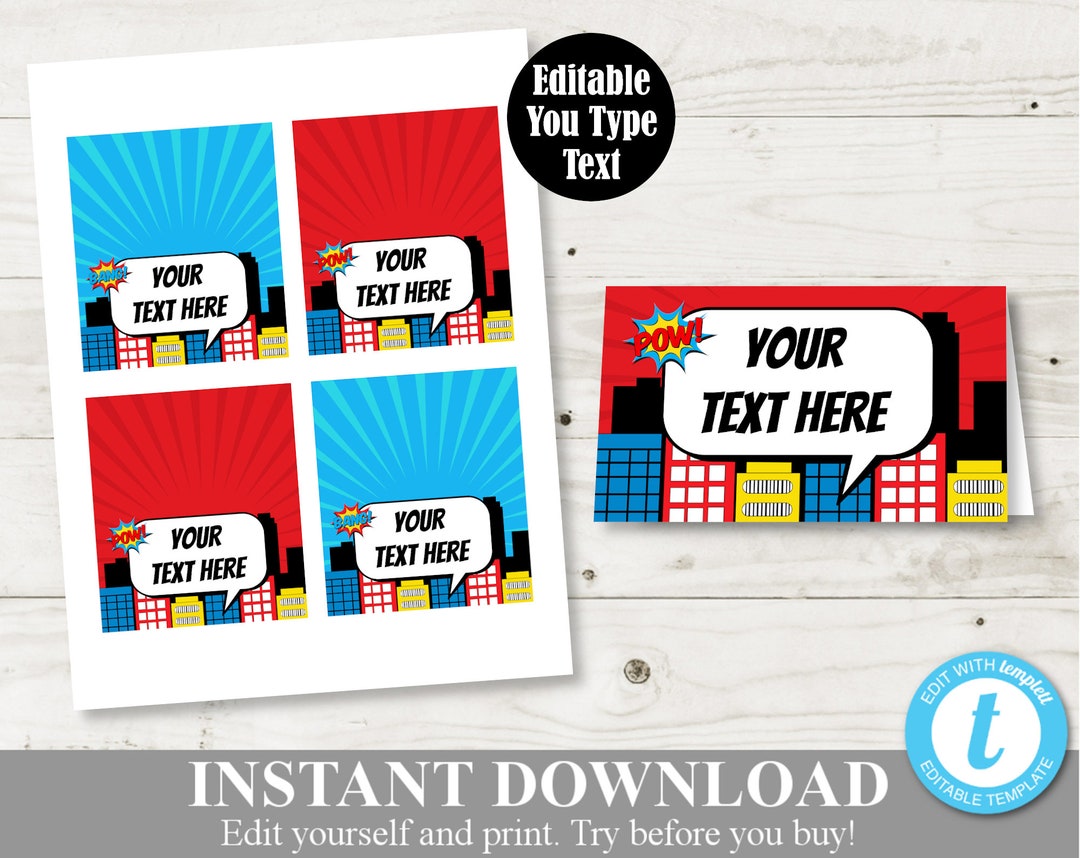 INSTANT DOWNLOAD Editable Superhero Folding Food Tent / Place Cards ...