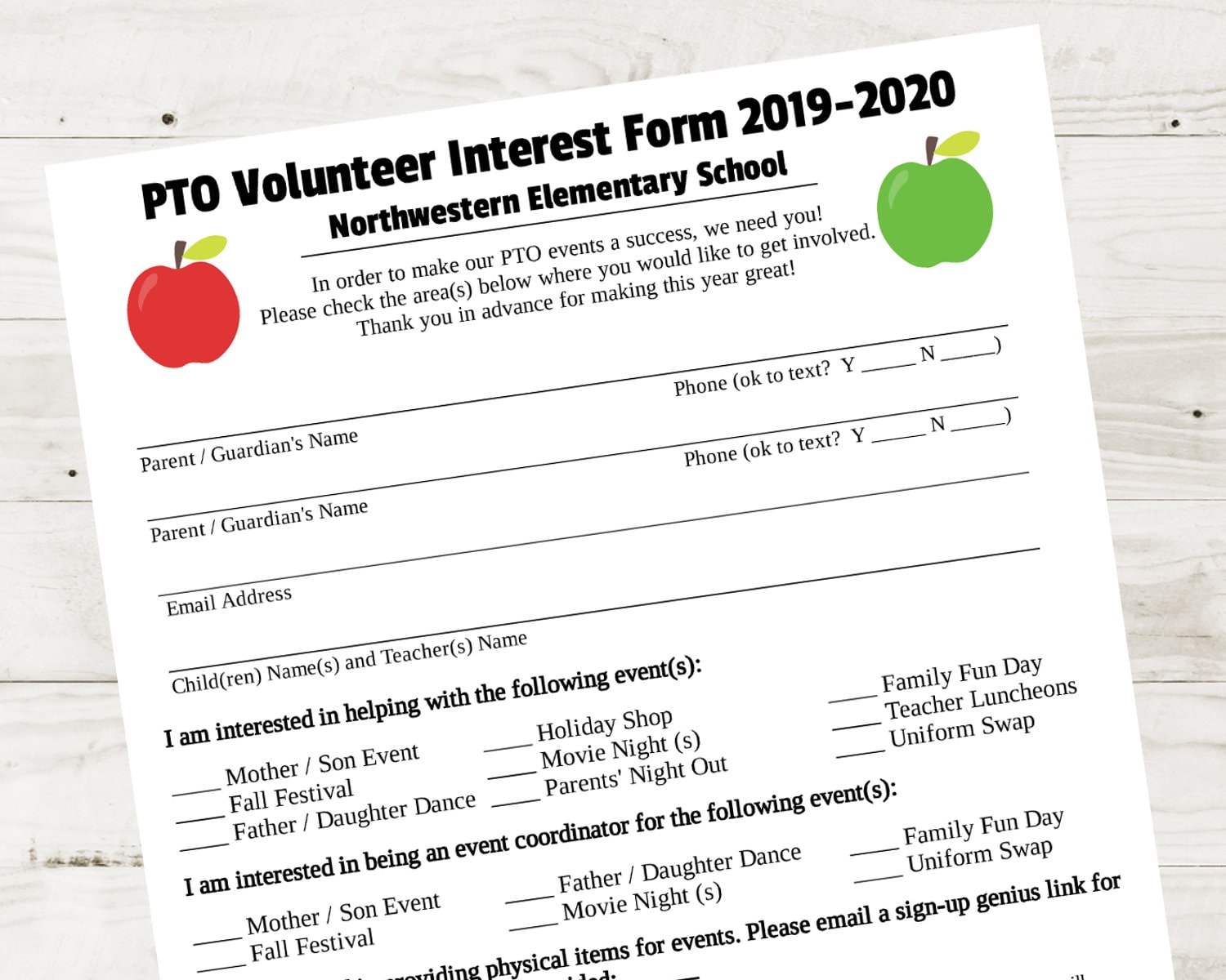 INSTANT DOWNLOAD Printable PTO or Pta Volunteer Interest Form | Etsy