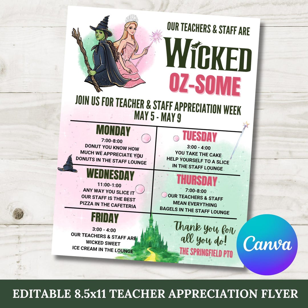 Editable 8.5x11 Wicked Teacher Appreciation Week Calendar, Flyer, Sign ...