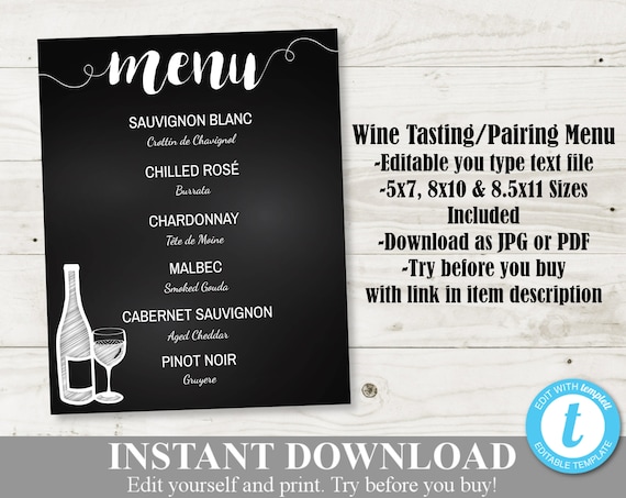 INSTANT DOWNLOAD Editable Wine Tasting / Pairing Menu / 5x7 8x10 8.5x11 ...