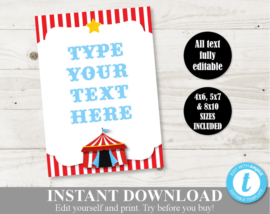 INSTANT DOWNLOAD Circus Carnival Editable 5x7 Sign / Editable - You ...