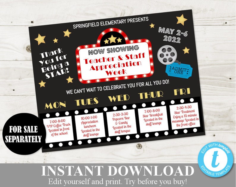 INSTANT DOWNLOAD Editable 8.5x11 Movie Teacher Appreciation Week Food ...