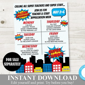 INSTANT DOWNLOAD Editable 8.5x11 Superhero Teacher Appreciation Week ...