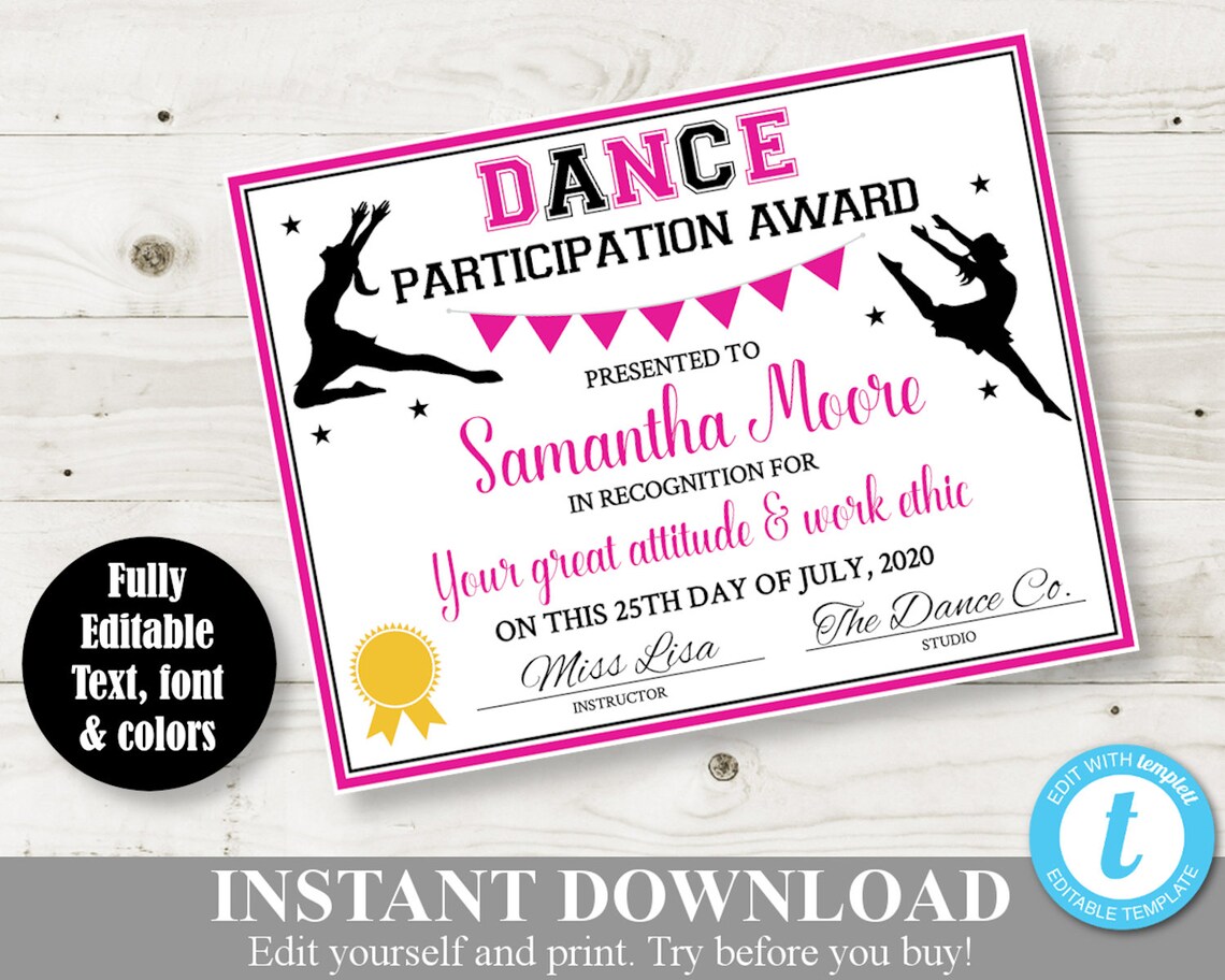 INSTANT DOWNLOAD Printable Dance 8.5x11 Certificate / Award / - Etsy