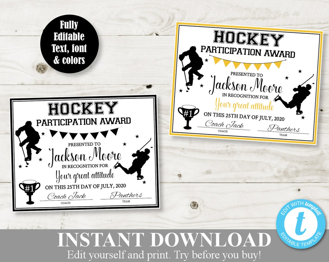 INSTANT DOWNLOAD Printable Hockey 8.5x11 Certificate / Award / - Etsy