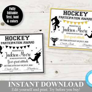 INSTANT DOWNLOAD Printable Hockey 8.5x11 Certificate / Award / Sport ...