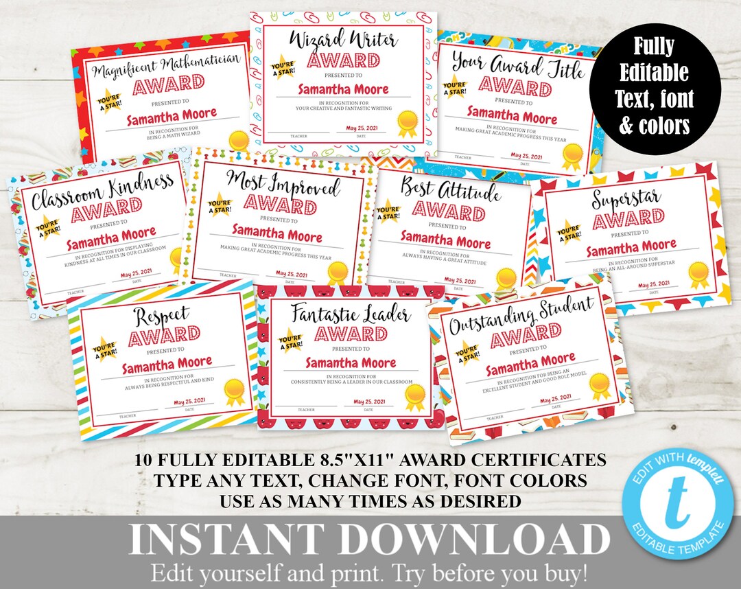INSTANT DOWNLOAD Printable 8.5x11 School Classroom Awards ...