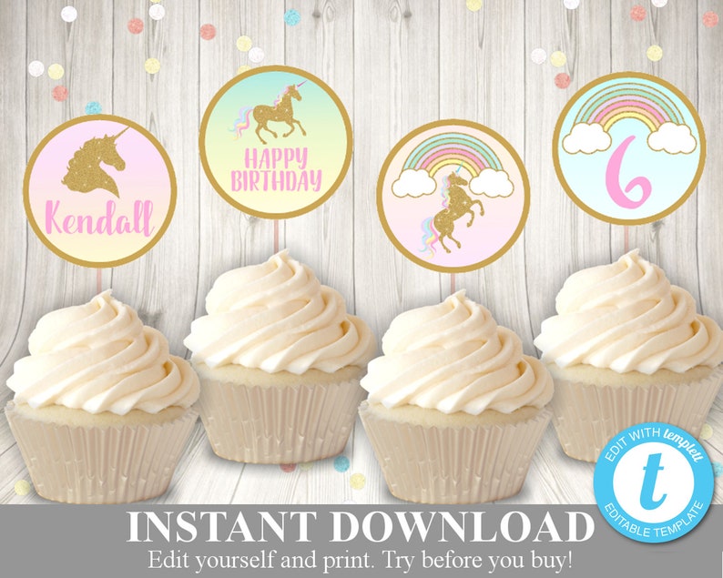INSTANT DOWNLOAD Unicorn Printable Cupcake Toppers / Editable - Etsy