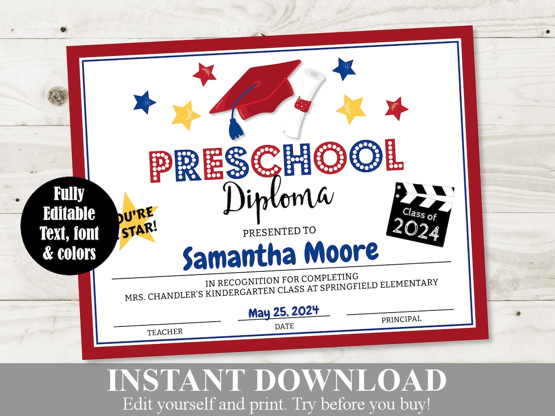 INSTANT DOWNLOAD Printable Preschool Graduation Red Yellow Blue Diploma ...