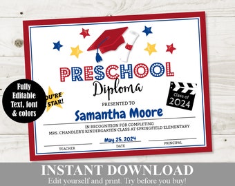 INSTANT DOWNLOAD Printable Kindergarten Graduation Blue Yellow Diploma ...