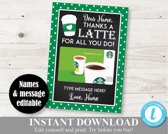 INSTANT DOWNLOAD Editable 5x7 Thanks a Latte for All You Do Gift Card ...