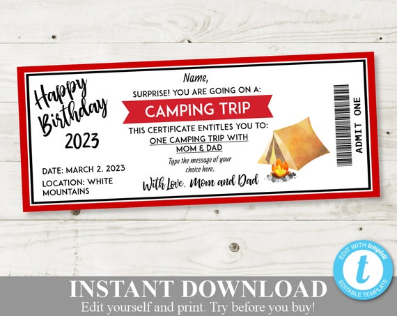 INSTANT DOWNLOAD Editable 8"x3.25" Printable Camping Trip Birthday ...