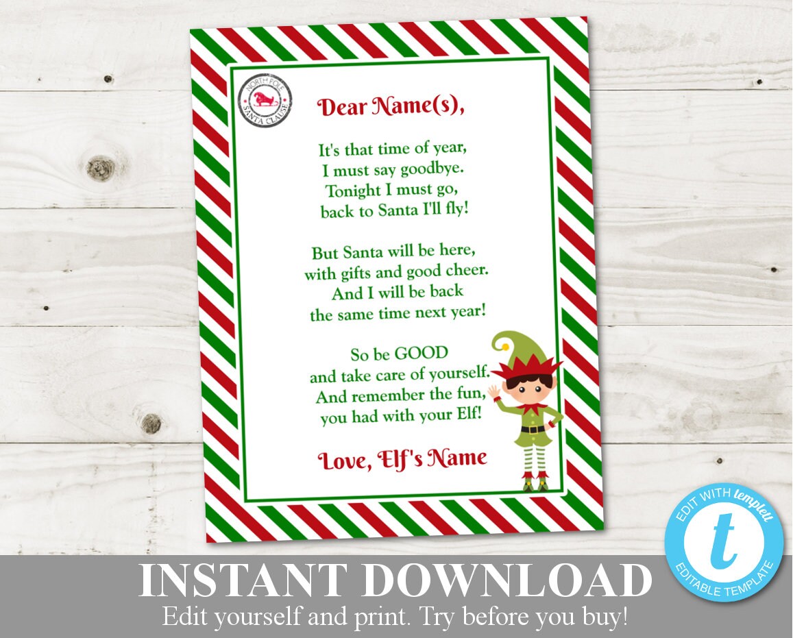 INSTANT DOWNLOAD Printable Editable Elf Goodbye Letter / Add - Etsy Canada
