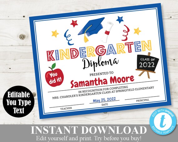 INSTANT DOWNLOAD Printable Kindergarten Graduation Diploma ...