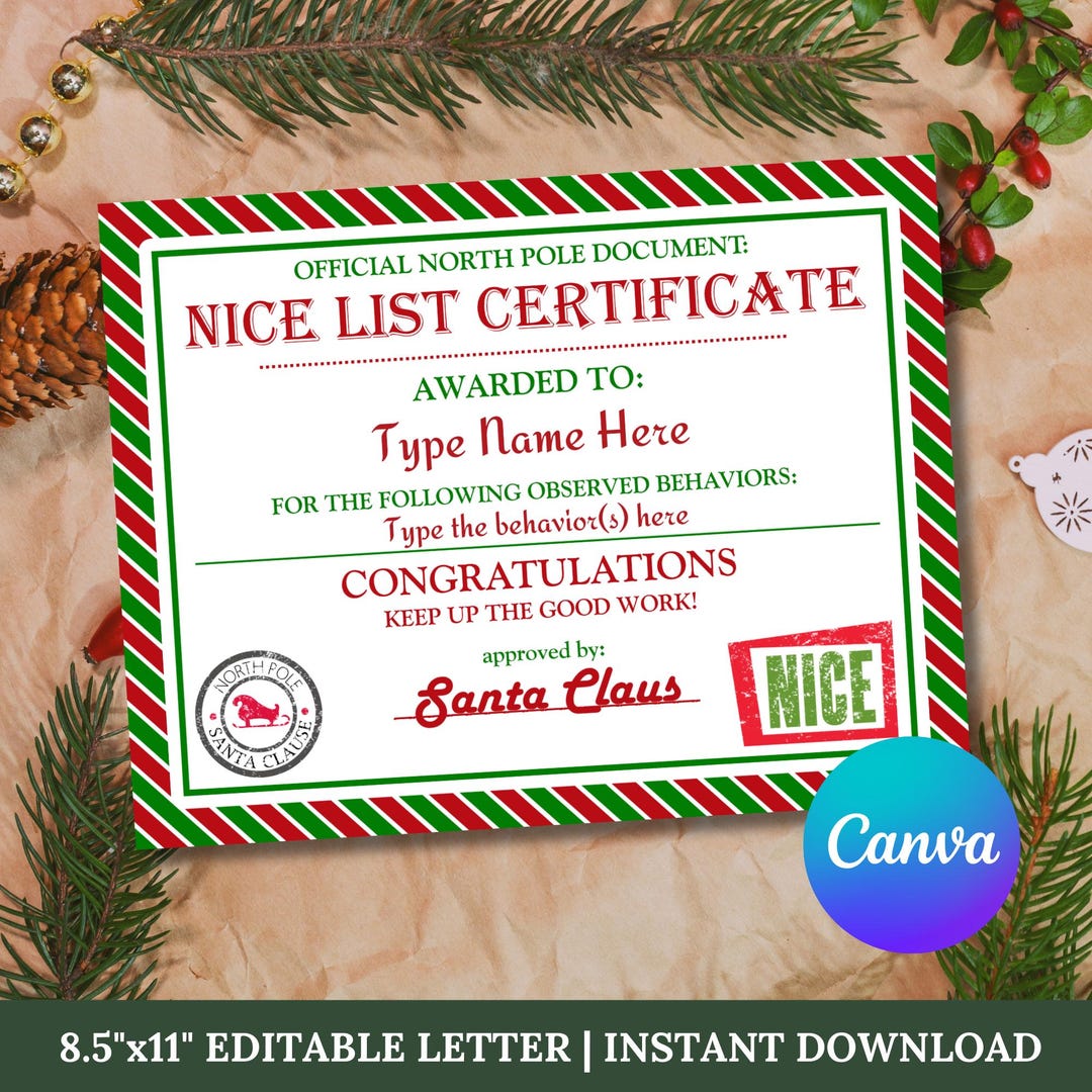 Editable 8.5x11 Nice List Certificate, You Type Name, Santa Claus ...