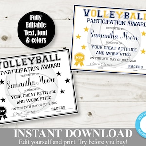 INSTANT DOWNLOAD Printable Volleyball 8.5x11 Certificate / Award ...
