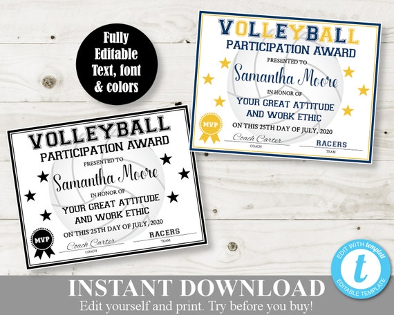 INSTANT DOWNLOAD Printable Volleyball 8.5x11 Certificate / Award ...