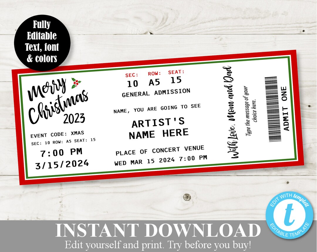 INSTANT DOWNLOAD Editable 8x3.25 Printable Concert Ticket Template ...