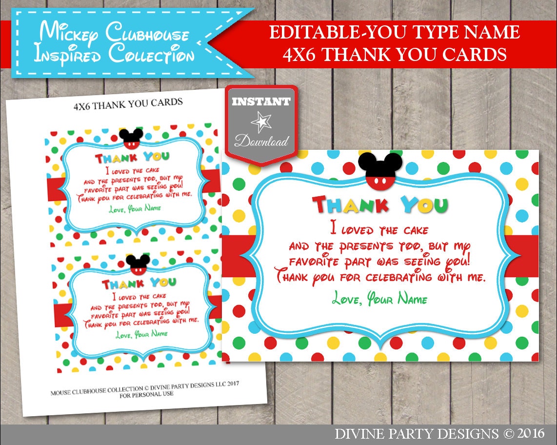 Mickey Thank You Notes Printable - Etsy