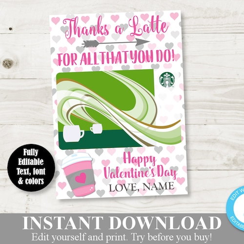 EDITABLE Coffee Card Holder Thanks a Latte Valentine Gift - Etsy
