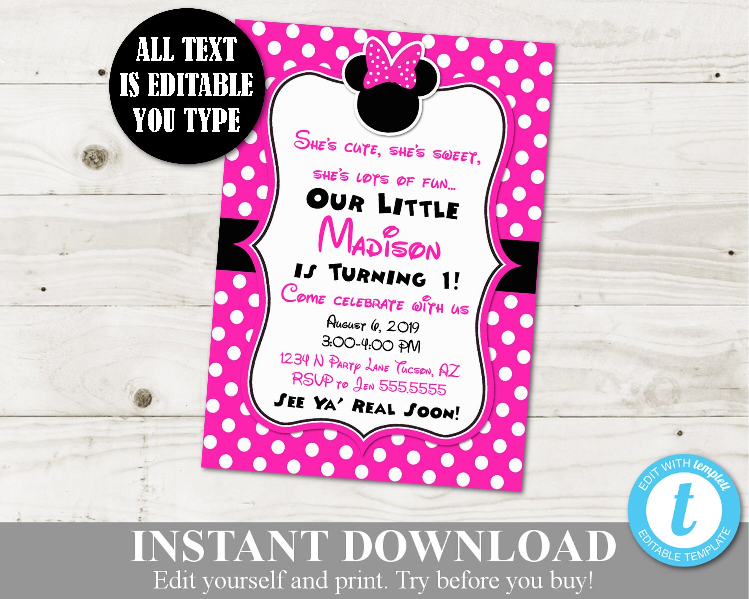 INSTANT DOWNLOAD Printable 5x7 Hot Pink Mouse Editable | Etsy