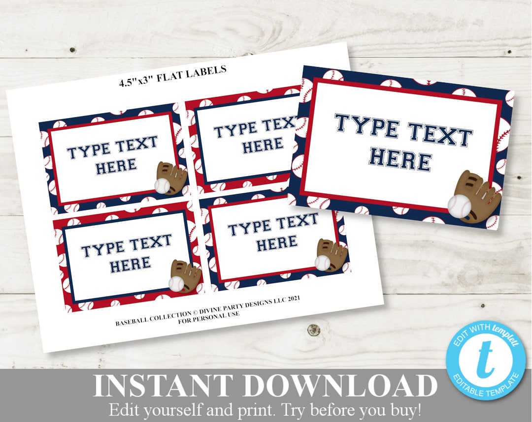 INSTANT DOWNLOAD Baseball Flat 4.5x3 Labels / Buffet Labels / Editable ...