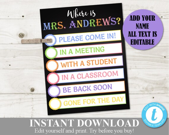 INSTANT DOWNLOAD Printable 8.5"x11" Where is the Teacher Sign / Text is ...