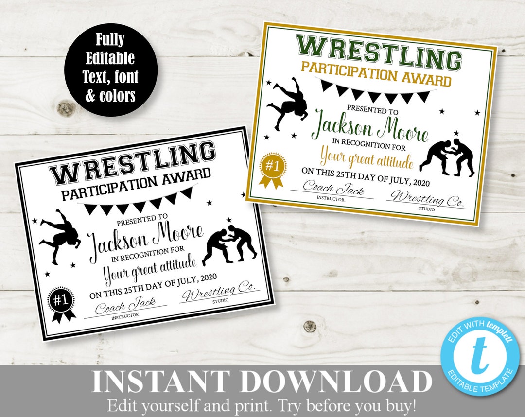 INSTANT DOWNLOAD Printable Wrestling 8.5x11 Certificate / Award / Sport ...