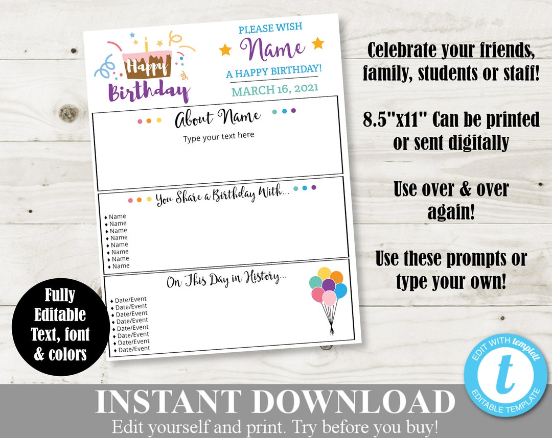 INSTANT DOWNLOAD Happy Birthday / on This Day / Editable You Type ...