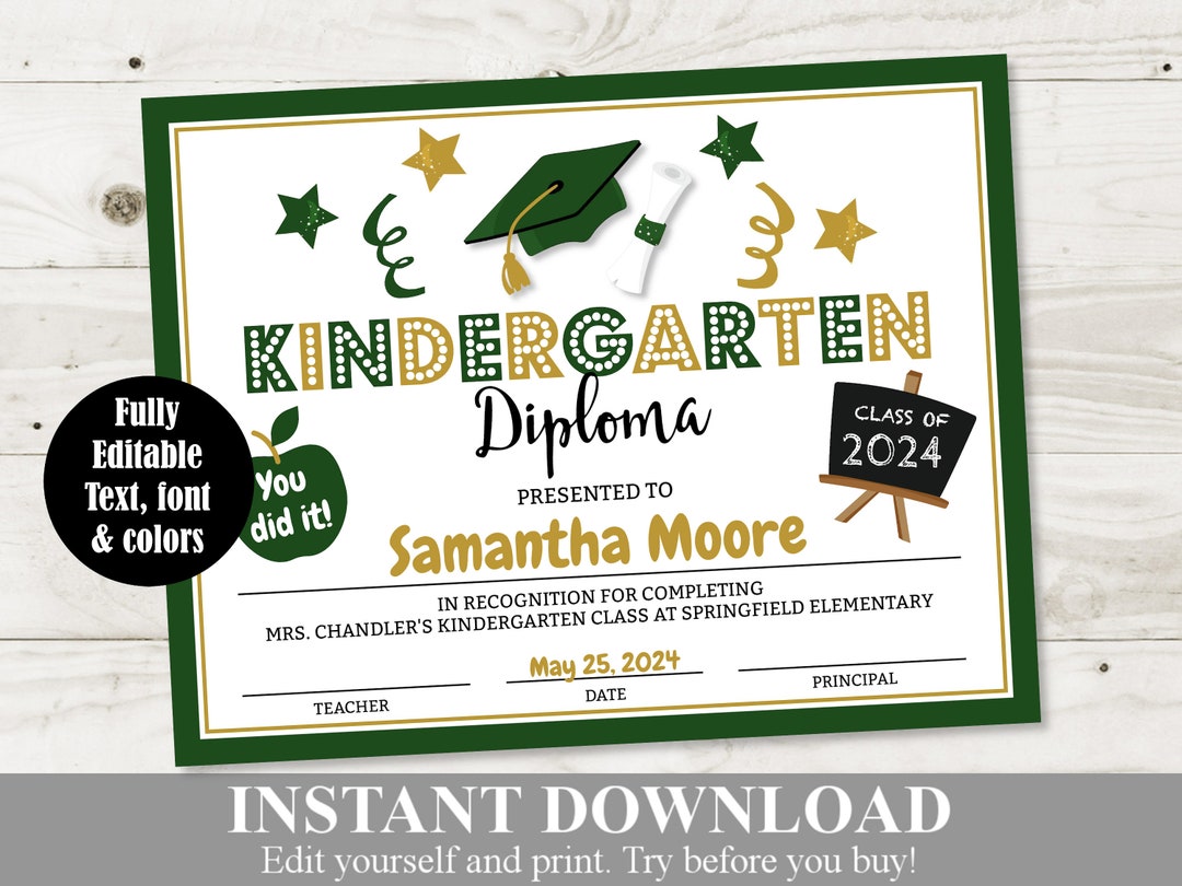 INSTANT DOWNLOAD Printable Kindergarten Graduation Green Gold Diploma ...