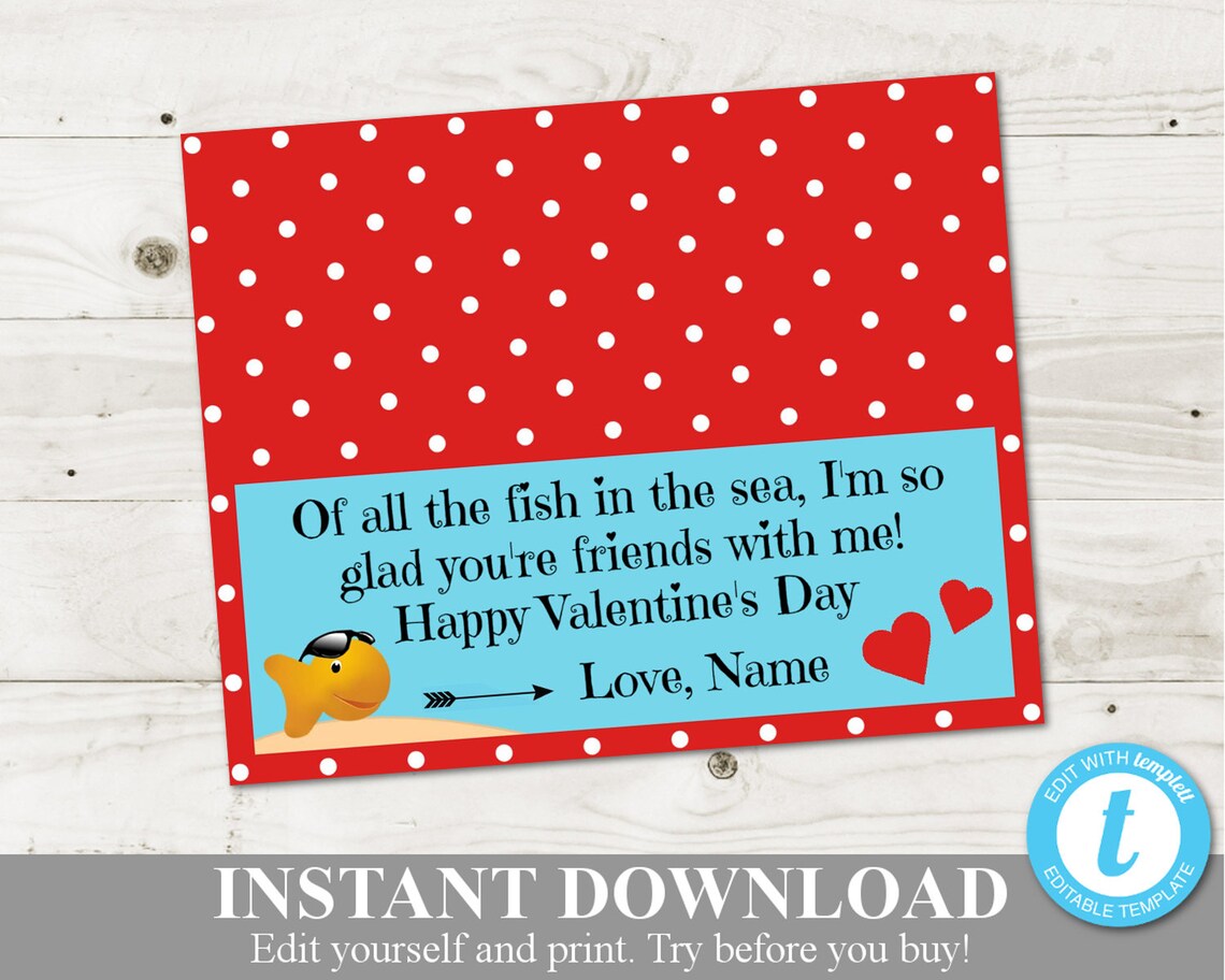 INSTANT DOWNLOAD Valentine's Printable Fish Bag Topper / - Etsy