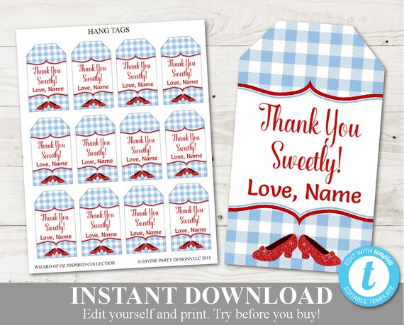 INSTANT DOWNLOAD Wizard of Oz Inspired Editable Thank You Sweetly Hang ...