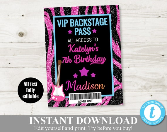 INSTANT DOWNLOAD Rock Star Editable VIP Backstage Passes / You Edit ...