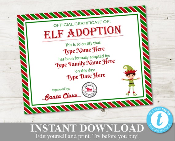 INSTANT DOWNLOAD Editable Boy Elf Adoption Certificate/ Add Family Name ...