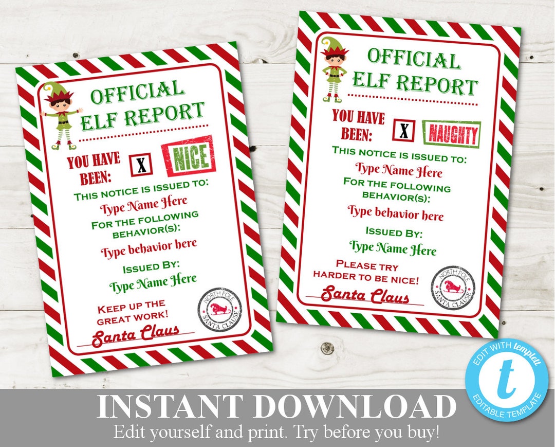 INSTANT DOWNLOAD Editable Printable Elf 5x7 Naughty and Nice Reports ...