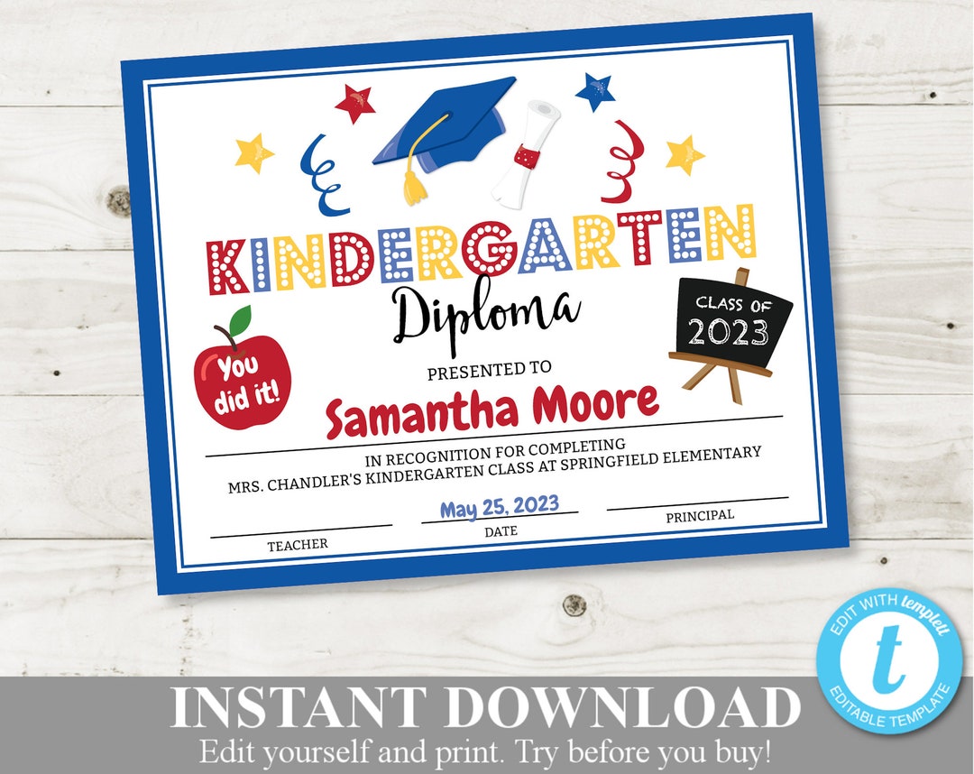 INSTANT DOWNLOAD Printable Kindergarten Graduation Diploma ...