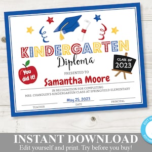 INSTANT DOWNLOAD Printable Kindergarten Graduation Diploma ...