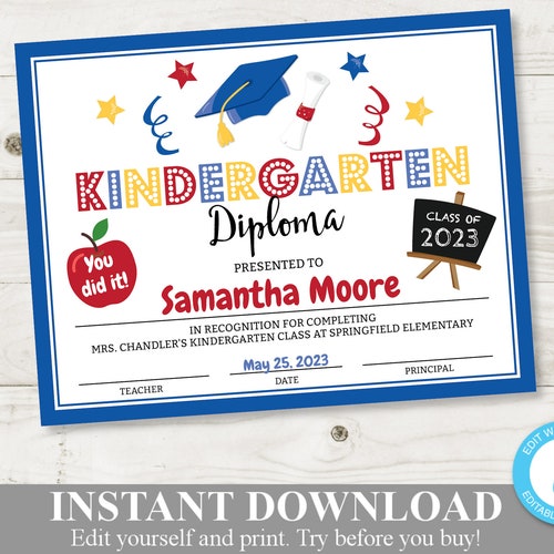 INSTANT DOWNLOAD Printable Kindergarten Graduation Diploma / - Etsy