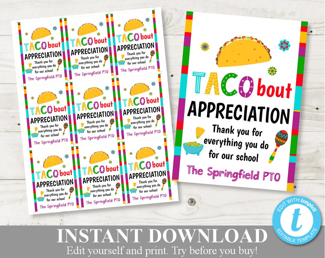 INSTANT DOWNLOAD Editable 2.5"x3.5" Taco Bout Appreciation Thank You ...