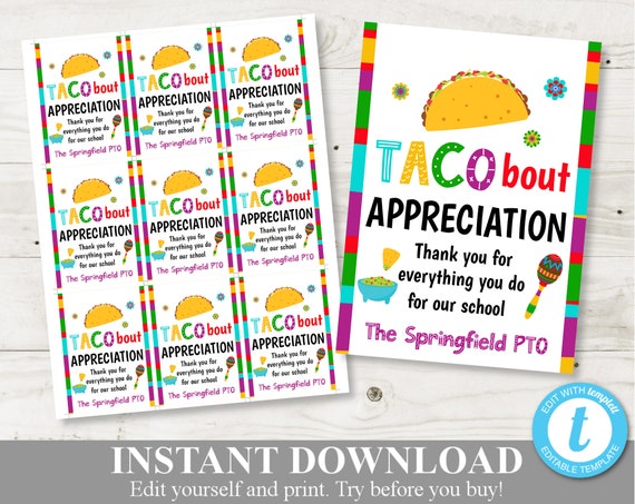 INSTANT DOWNLOAD Editable 2.5"x3.5" Taco Bout Appreciation Thank You ...