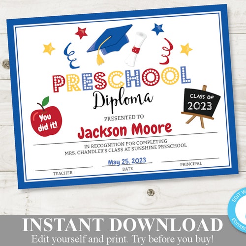 Preschool Diploma Printable - Etsy