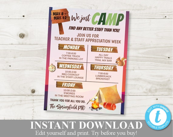 INSTANT DOWNLOAD Editable 8.5x11 We Just Camp Camping Teacher ...